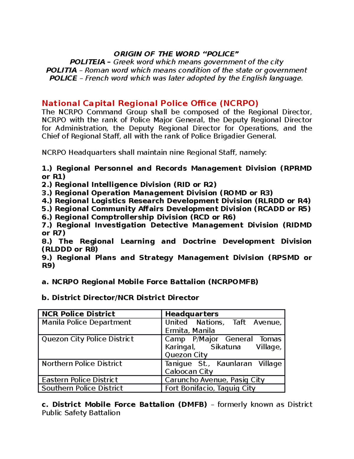 LEA1 National Capital Regional Police Office ( Ncrpo) - ORIGIN OF THE ...