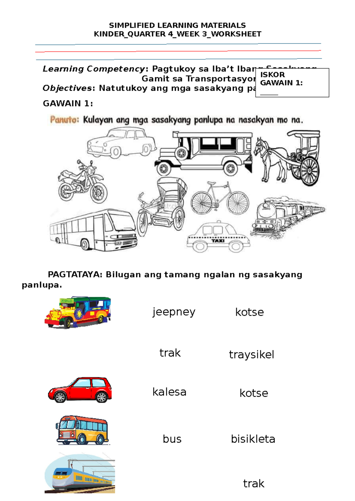 Simplified Kinder Learning Materials Q4 W3: Transport Vehicles ...