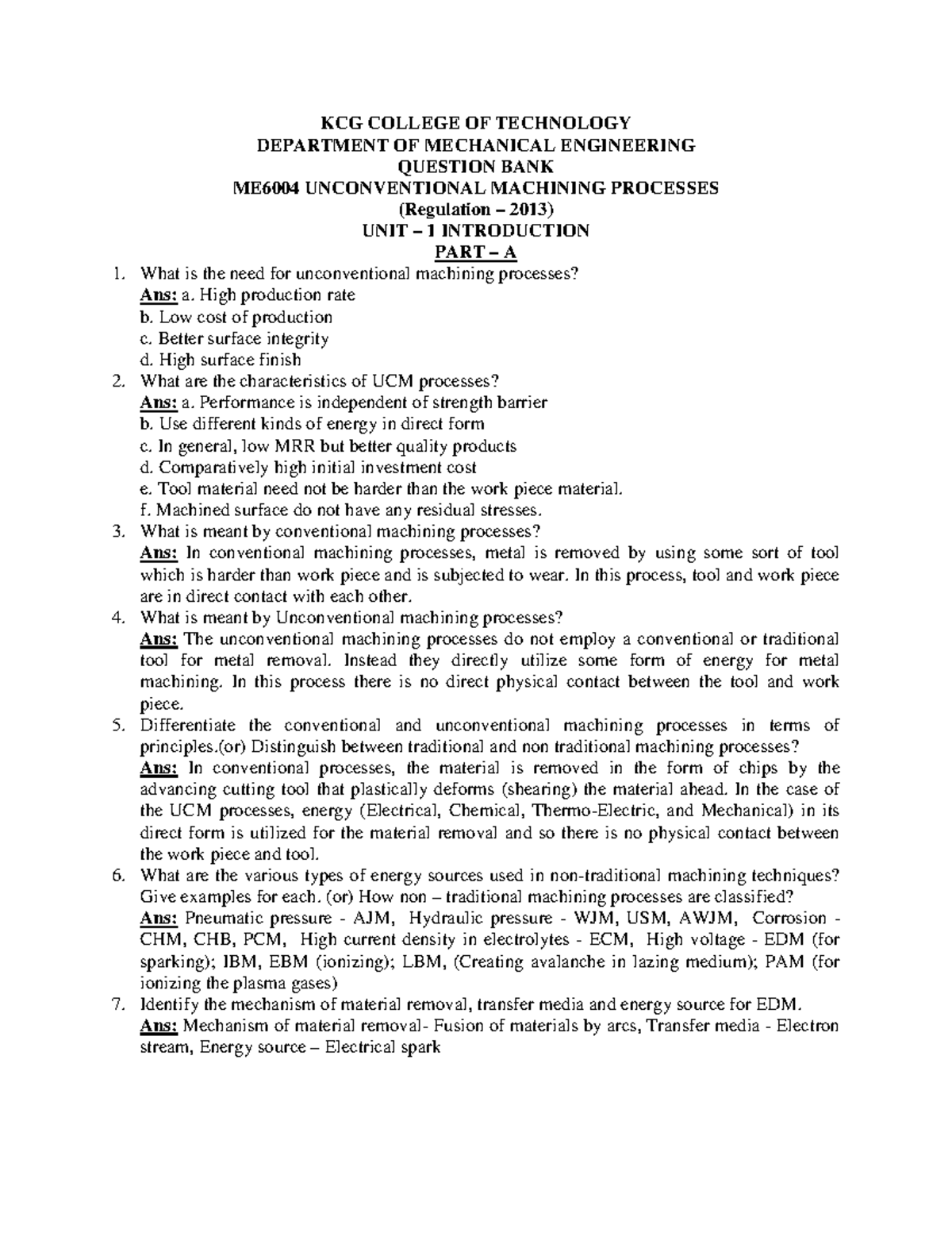 **ME6004 Final Exam Question Bank on Unconventional Machining Processes ...