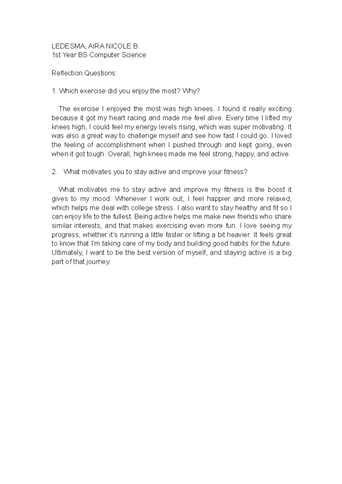 PE Reflection - 1st Year BS CompSci Exercise & Fitness Motivation - Studocu
