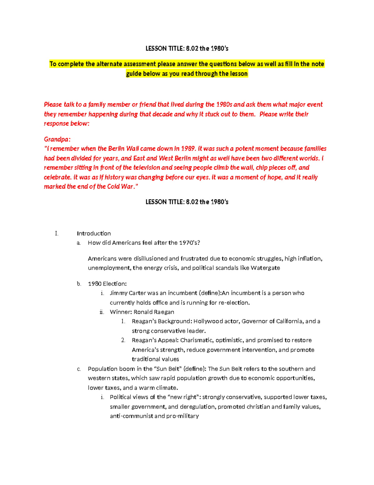 Copy of Sem 2 8 2 1980s Notes Guide - LESSON TITLE: 8 the 1980’s To ...