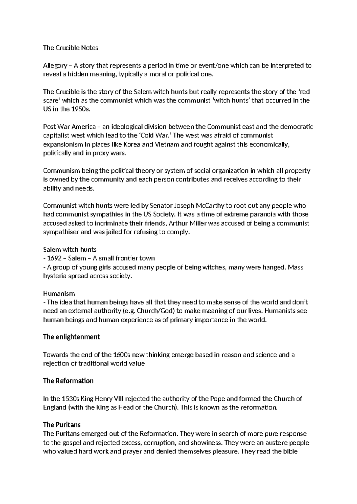 The Crucible Notes: Allegory of McCarthyism and Salem Witch Hunts - Studocu