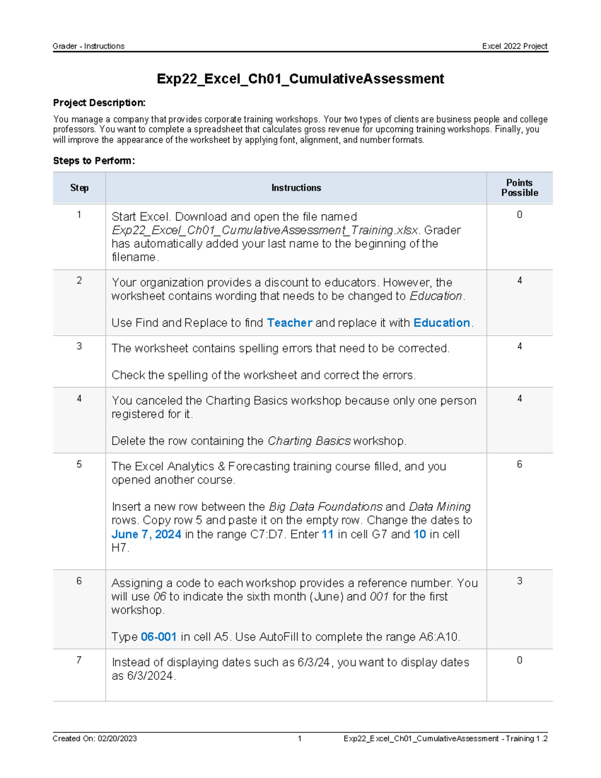 Exp22 Excel Ch01 Cumulative Assessment Project Instructions Studocu