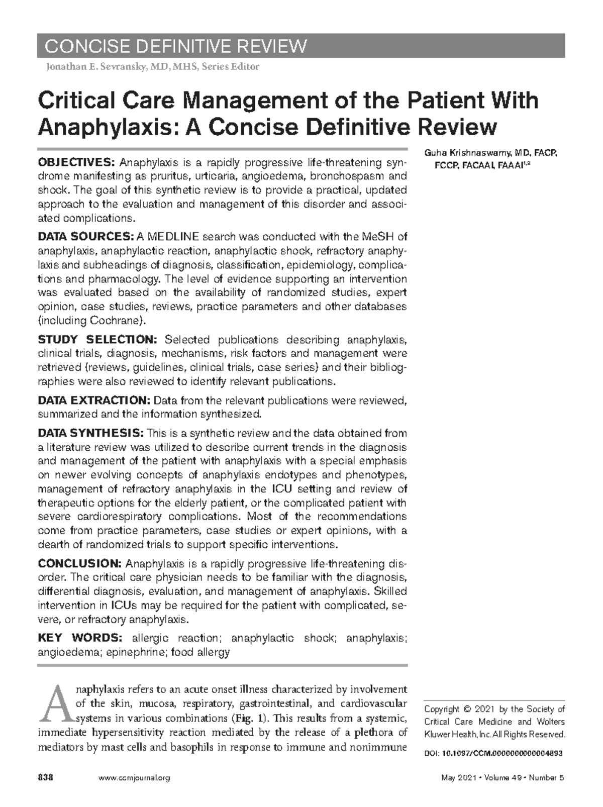 Critical Care Management of Anaphylaxis: A Concise Review (CCM 2021 ...