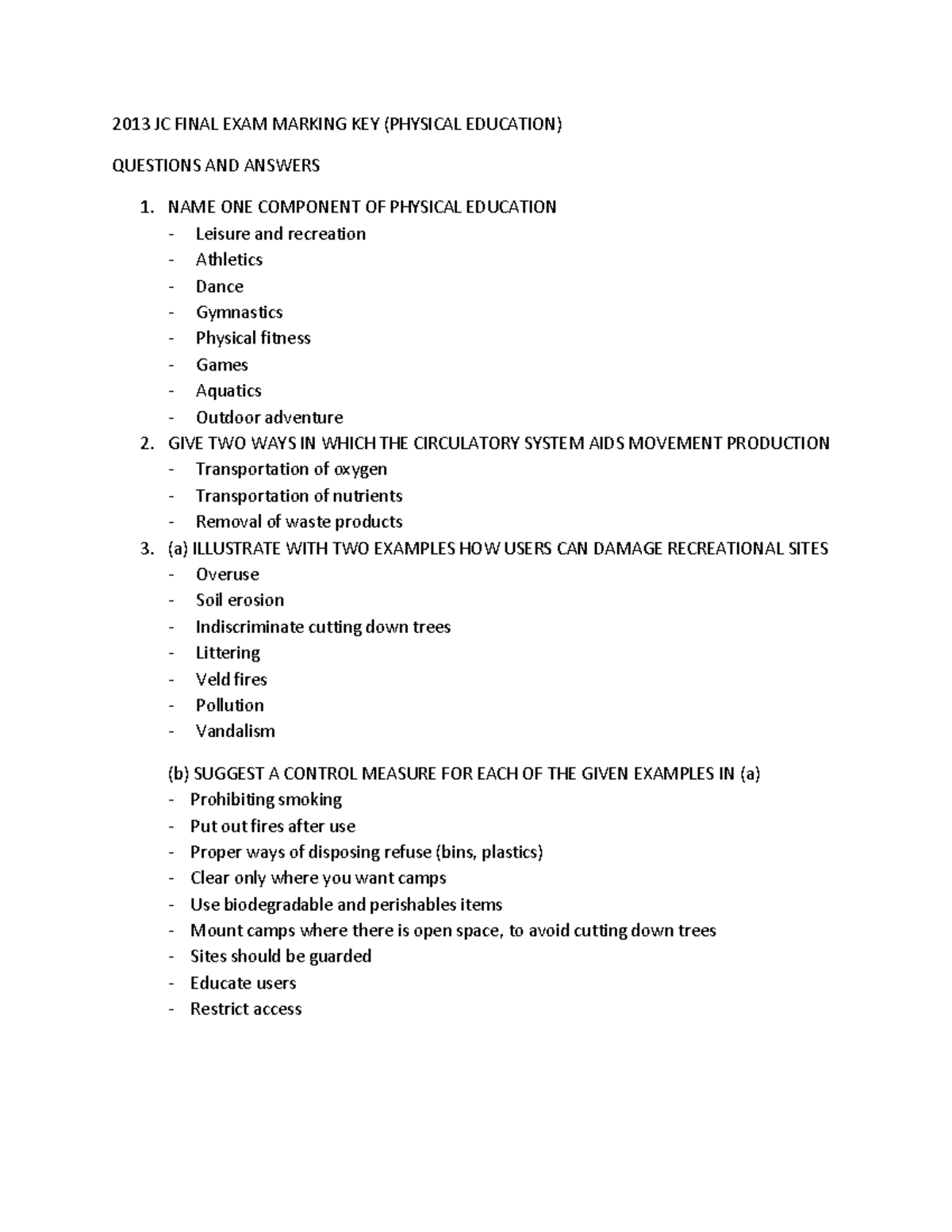 2013 JC PHYSICAL EDUCATION FINAL EXAM Marking Key & Answers - Studocu