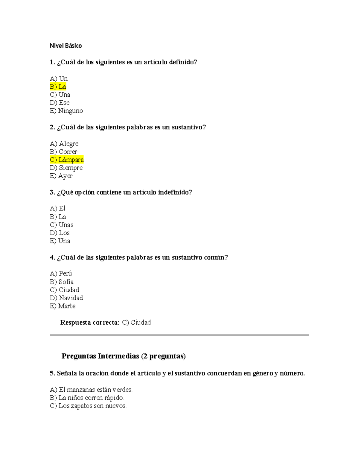 Nivel Básico 1: Artículos y Sustantivos - Ejercicios y Respuestas - Studocu