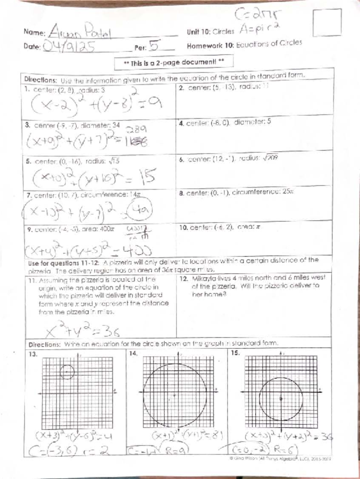 Unit 10 homework 10: Equations of circles and their applications - Studocu