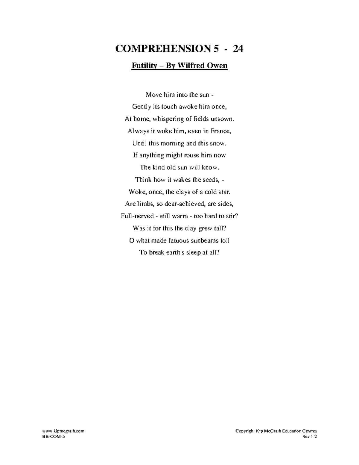 COMPREHENSION 5 24 - Analysis of "Futility" by Wilfred Owen - Studocu