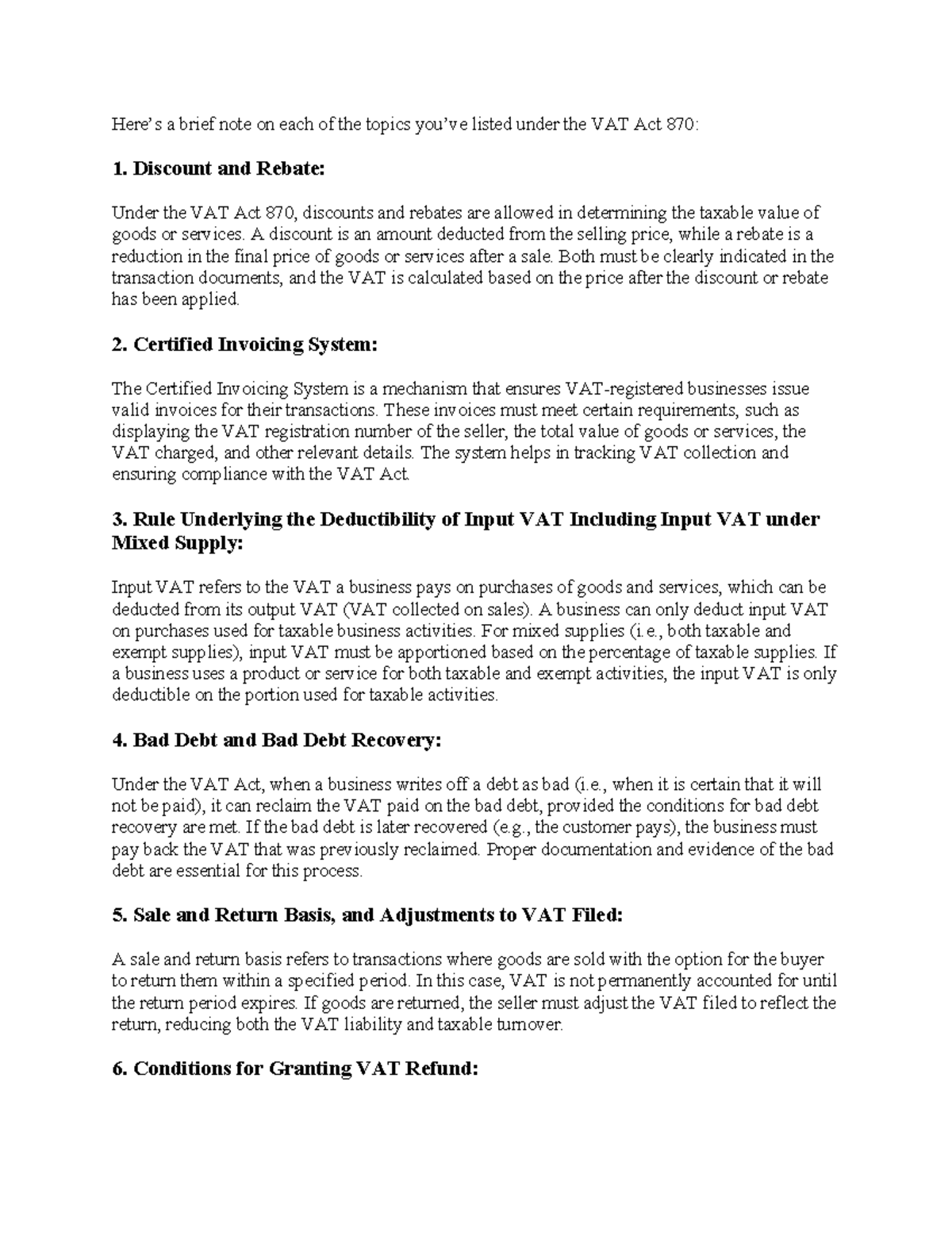 A brief overview of key topics under VAT Act 870 and related tax laws ...