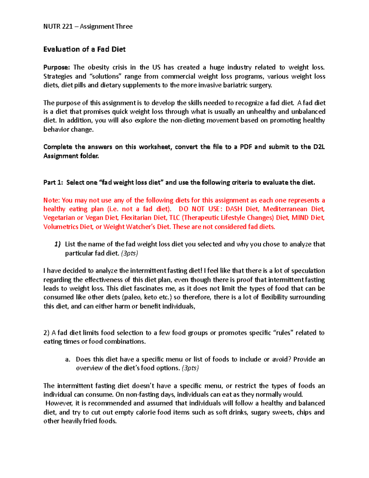 Assignment 3 - Evaluation of a Fad Diet - Evaluation of a Fad Diet ...