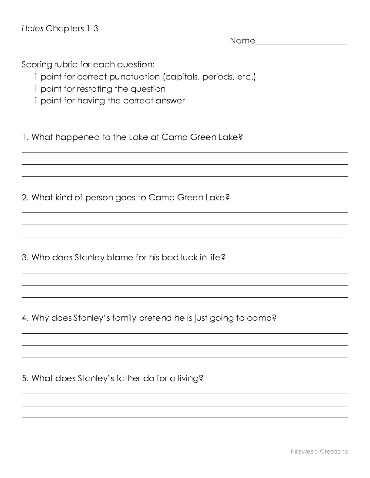 Holes Comprehension Questions Chapters 13-1 - Holes Chapters 1- Name