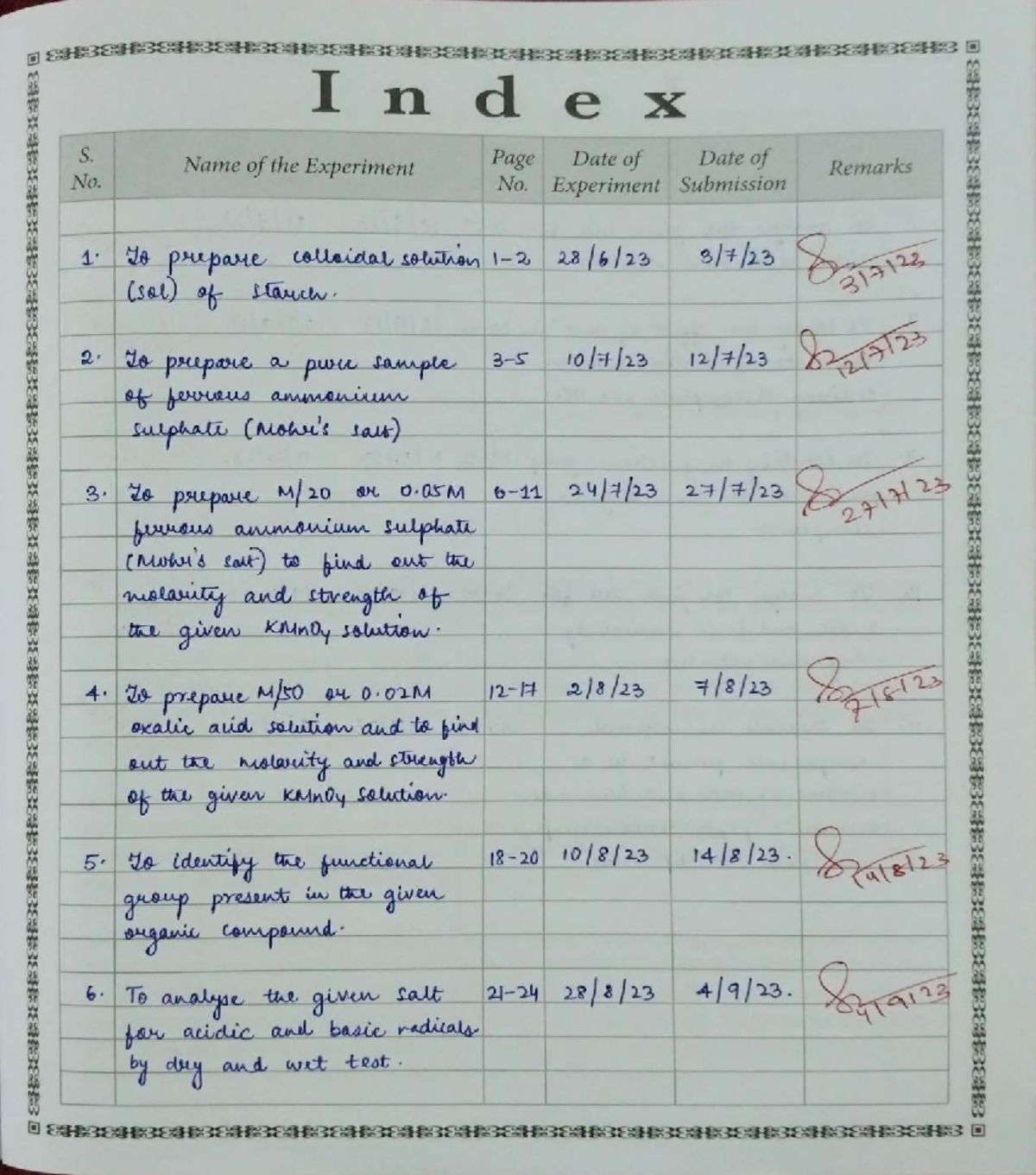 Chemistry Practical Report: Experiments 1-11 (Course Code: S317123 ...