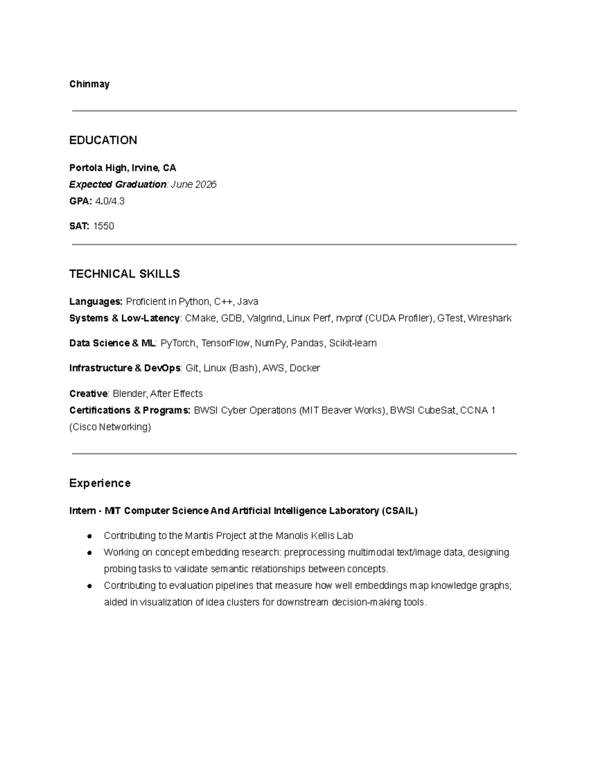Chinmay's Resume: Technical Skills & Experience Overview - Studocu