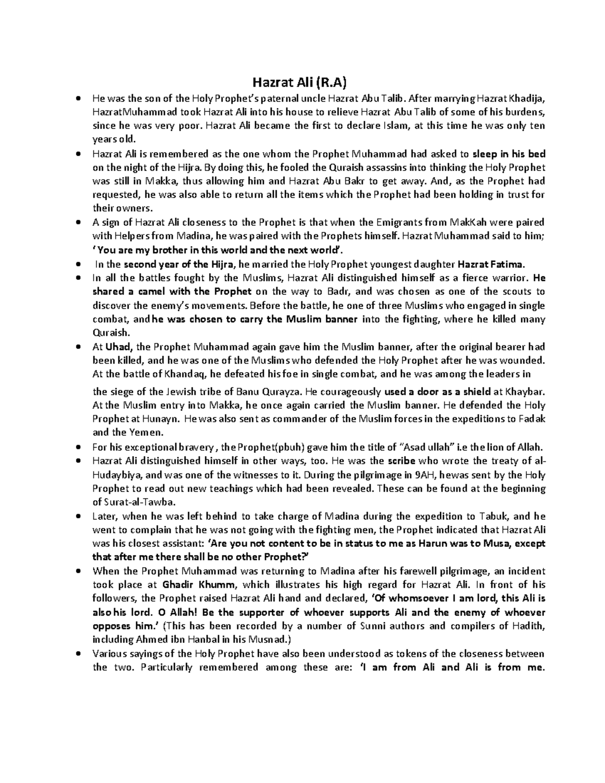 Hazrat Ali (R.A): A Key Figure in Islamic History - Studocu
