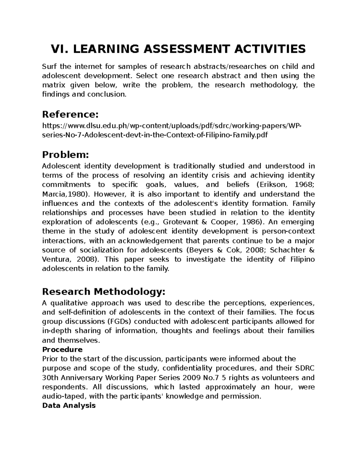 Research Abstract on Child & Adolescent Development: Identity in Family ...