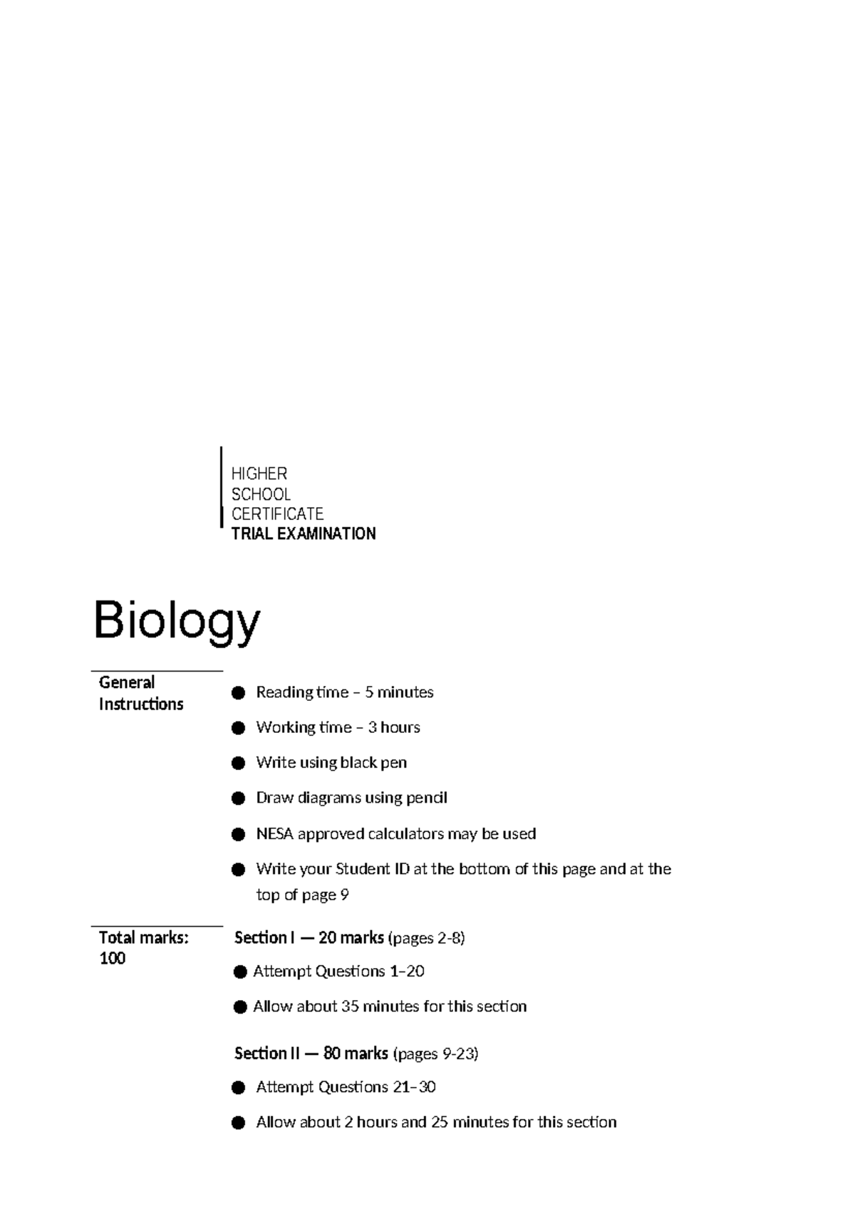 Biology HSC Trial Exam Practice Paper 3 - Studocu
