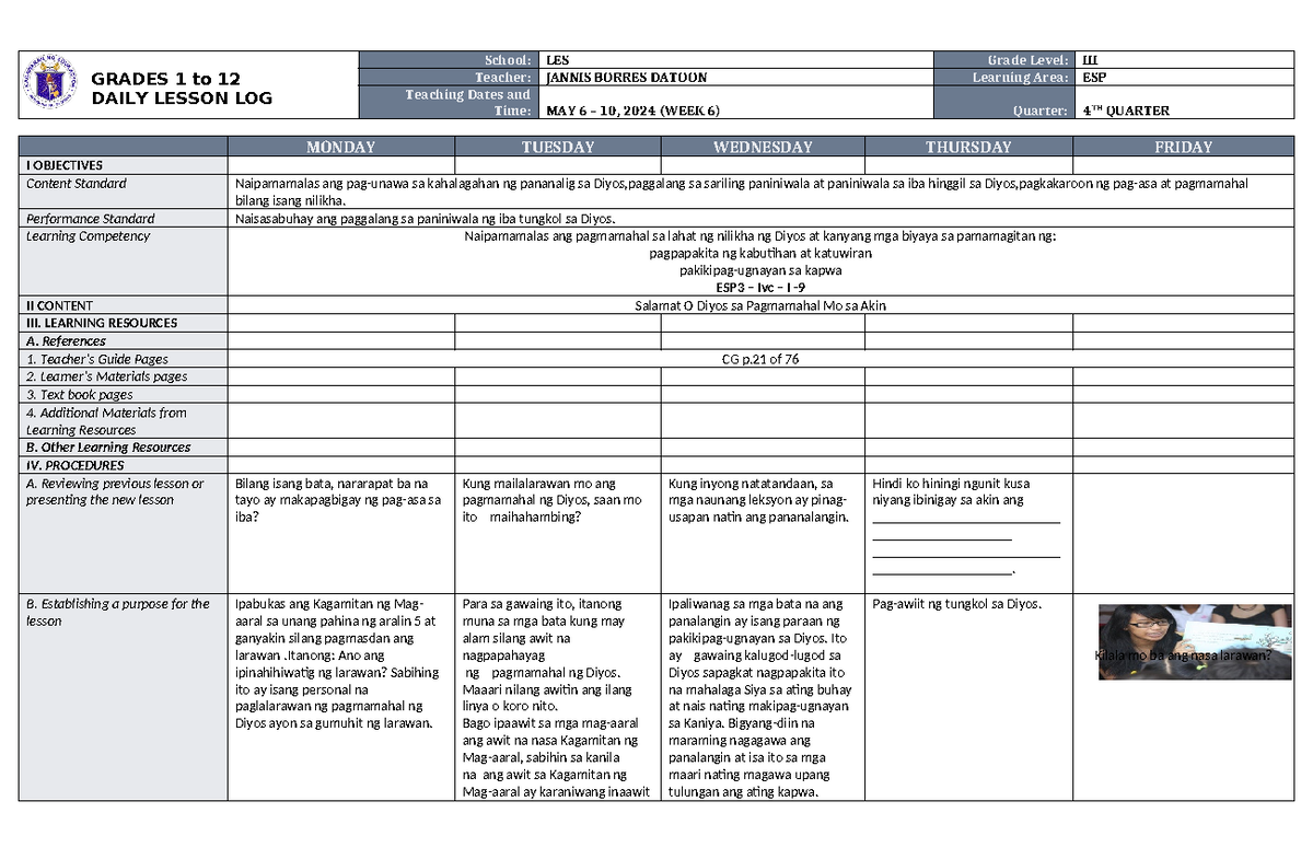 DLL ESP 3 Q4 W6 - Daily Lesson Log and Activities for Week 6 - Studocu