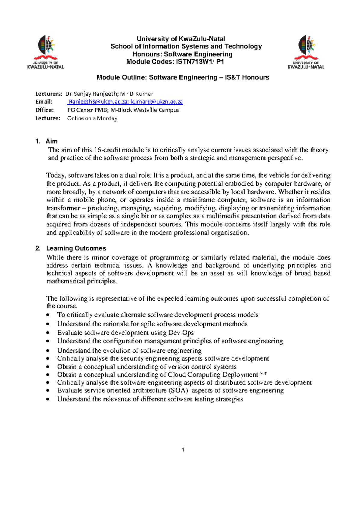 ISTN713W1/P Software Engineering Module Outline 2024 Draft - Studocu