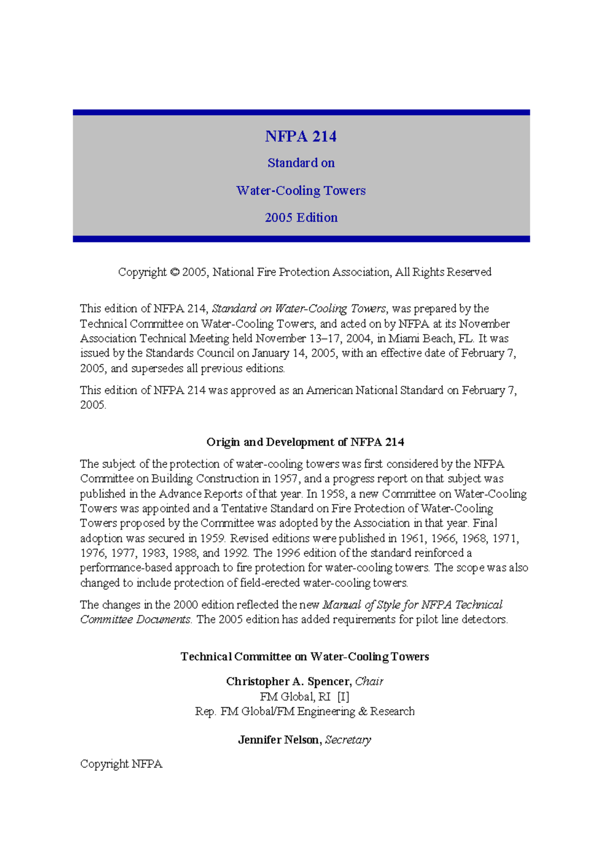 NFPA 214 (2005) - Standard on Water Cooling Towers - Studocu