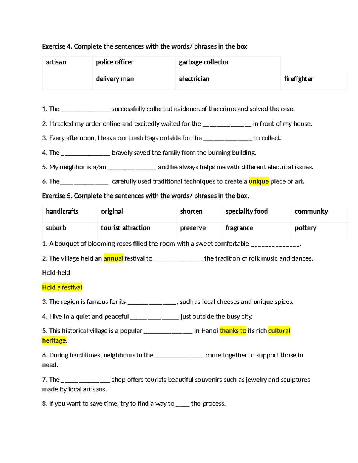 Unit 1 - Exercises for Vocabulary and Sentence Completion - Studocu