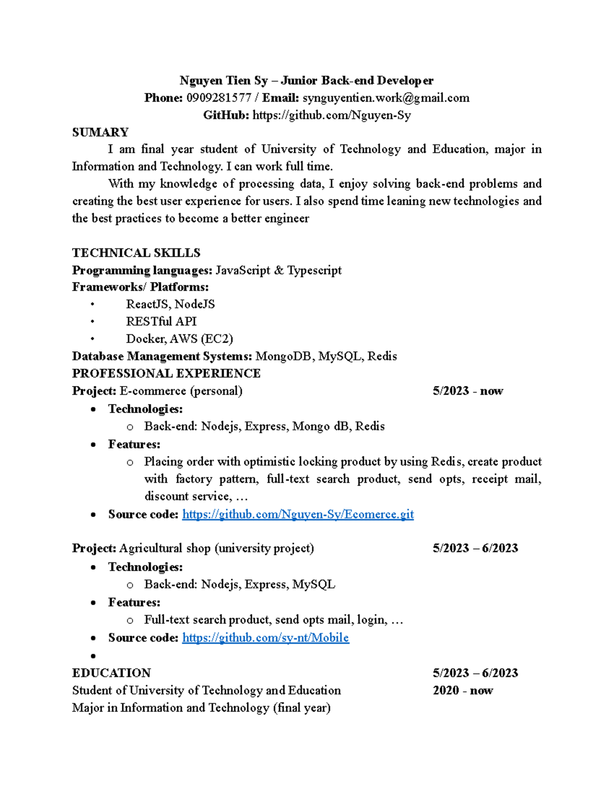 CV - Nguyen Tien Sy - Junior Backend Developer Profile - Studocu