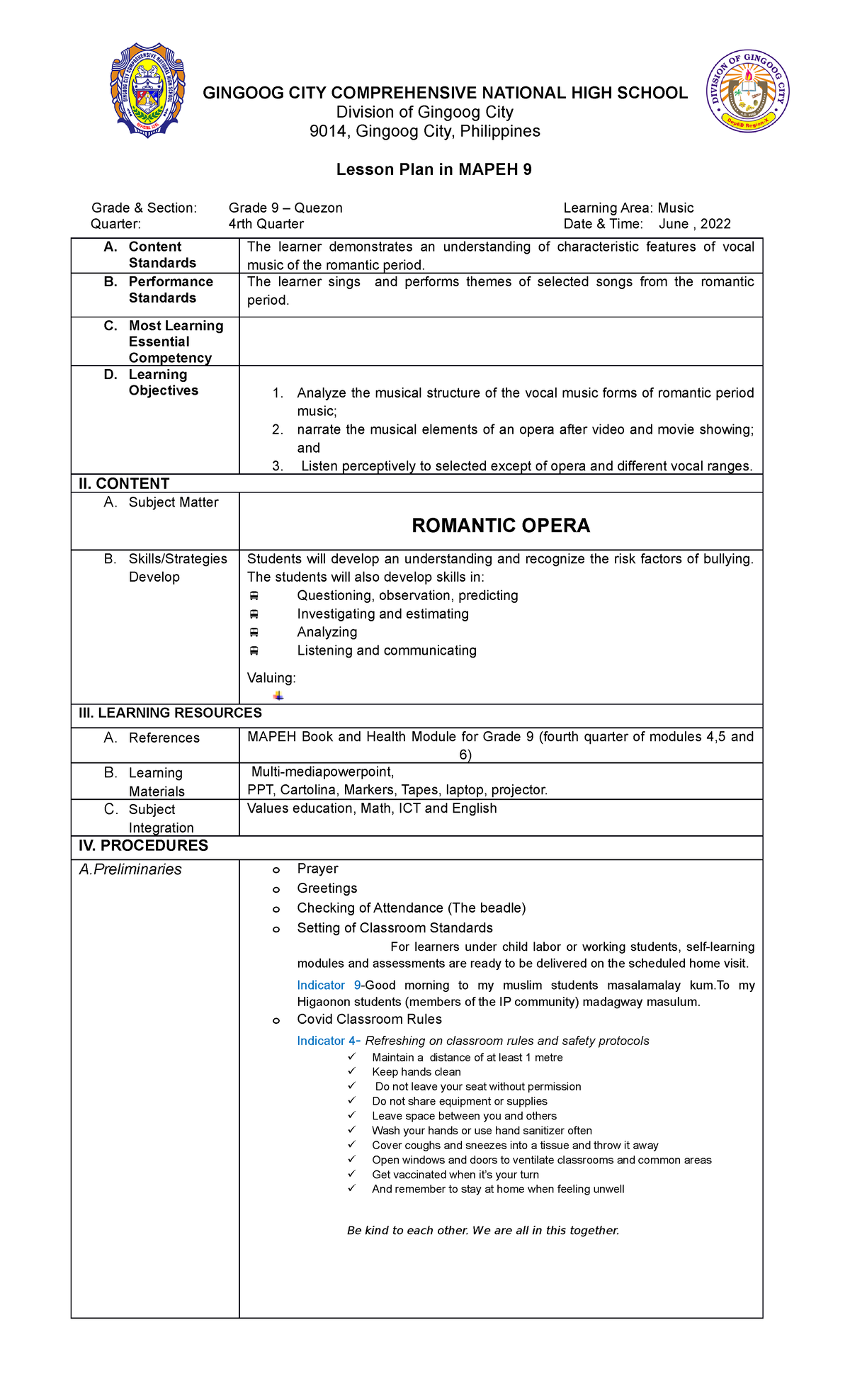 COT 2 - 4th Music Lesson Plan: Understanding Romantic Opera - Studocu