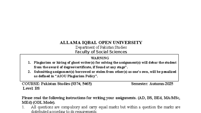 Pakistan Studies (9374) Assignment Guidelines and Instructions - Studocu