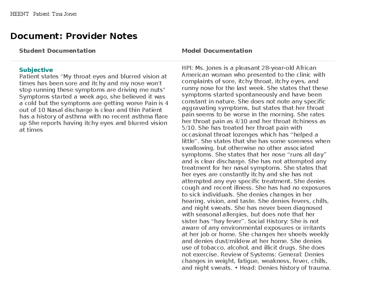 HEENT Case Study: Patient Analysis - Tina Jones (Shadow Health) - Studocu
