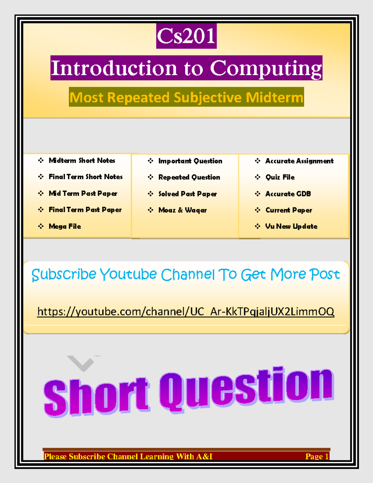Cs201 Midterm Important Questions & Short Notes Compilation - Studocu