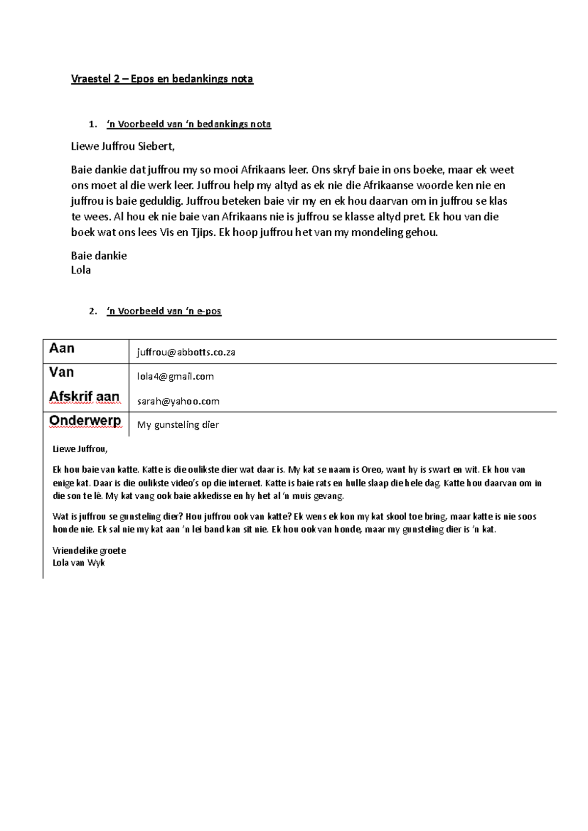 Vraestel 2: E-pos en Bedankings Nota Formaat en Woordeskat - Studocu
