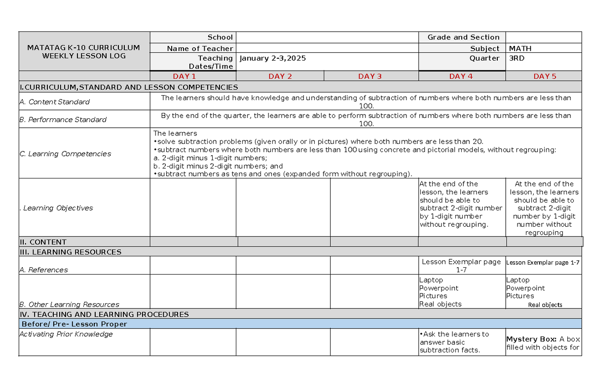 MATH 3RD QTR WEEKLY LESSON LOG: SUBTRACTION STRATEGIES - Studocu