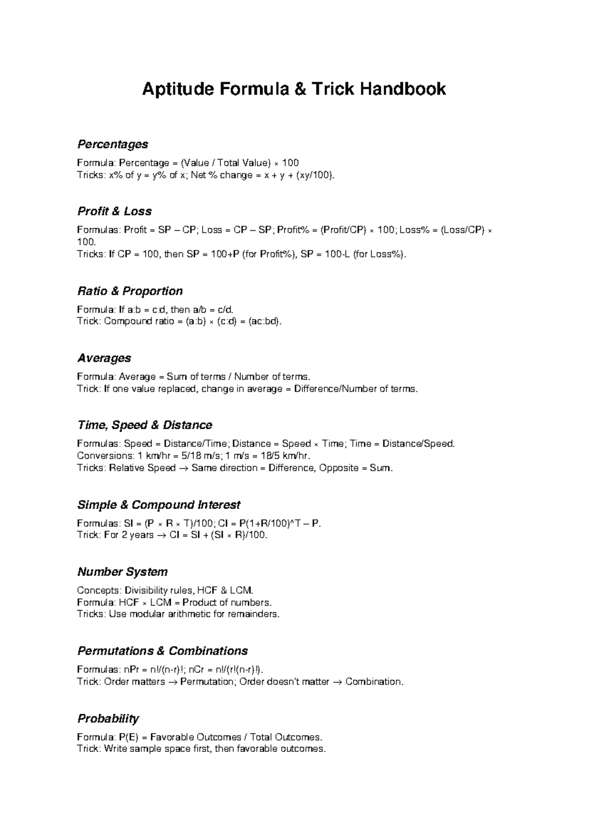 Aptitude Formula Tricks Handbook: Percentages, Averages & More - Studocu