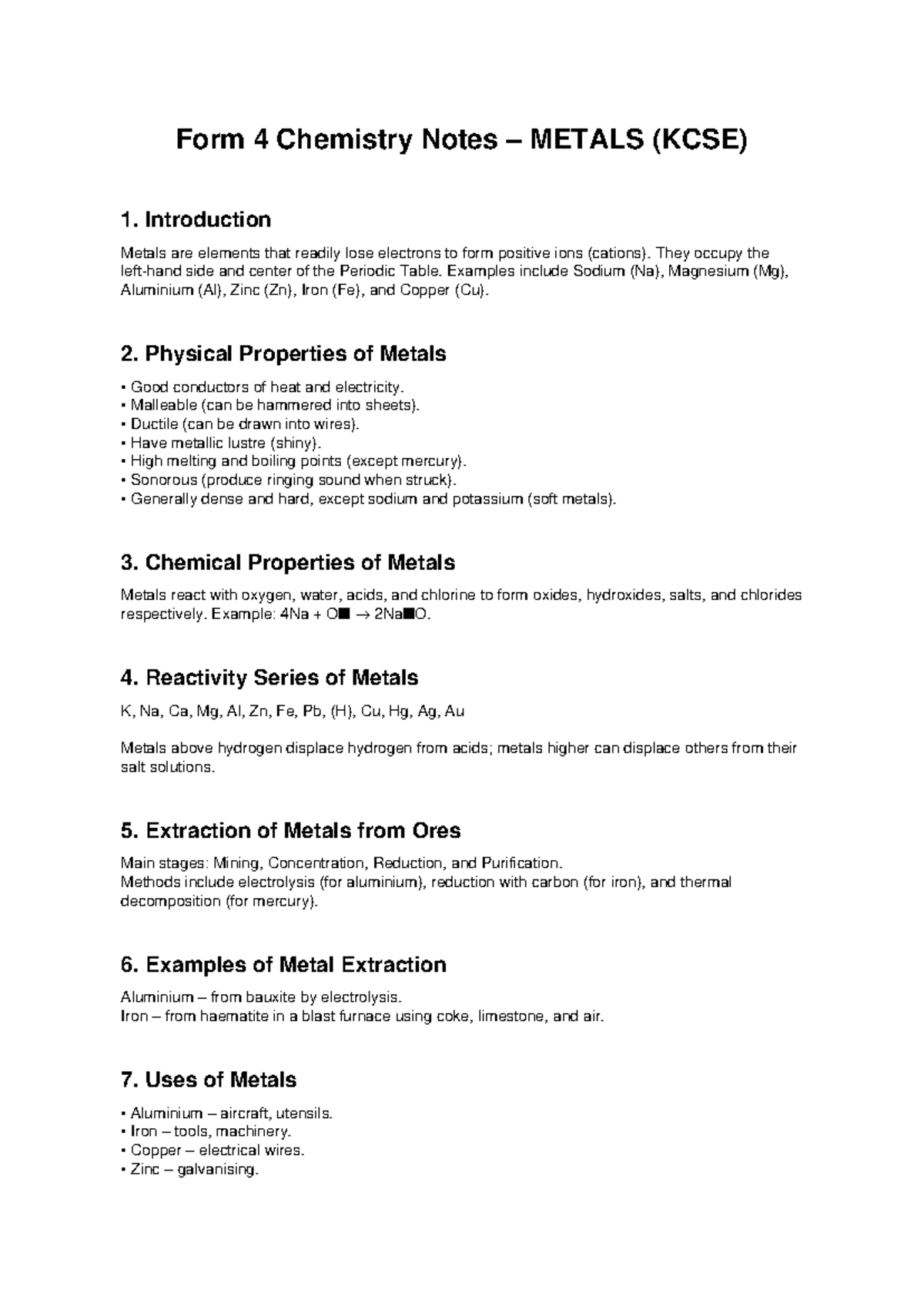 Form 4 KCSE Chemistry Notes: Metals Overview and Properties - Studocu