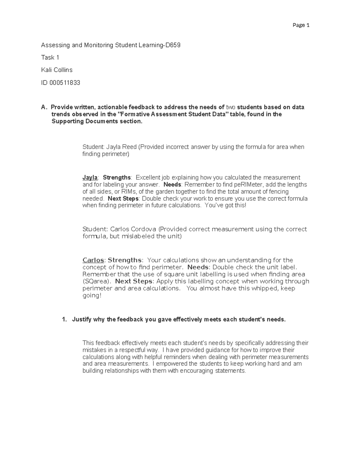 Assessing and Monitoring Student Learning - D659 Task 1 Feedback ...