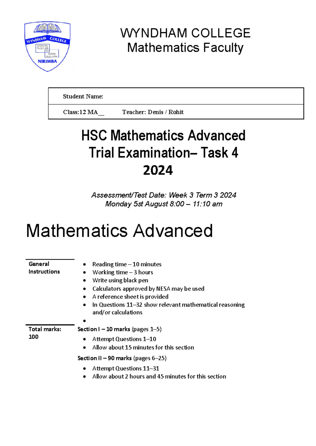 2024 HSC Mathematics Advanced Trial Exam Paper - Studocu