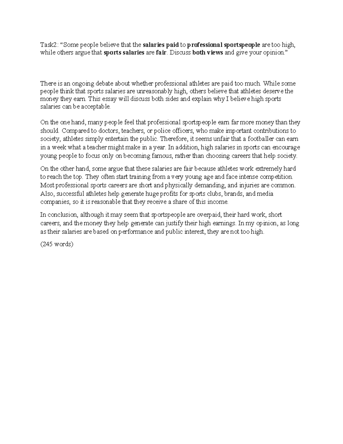 TASK 2 Essay: The Debate on Sports Salaries - Studocu