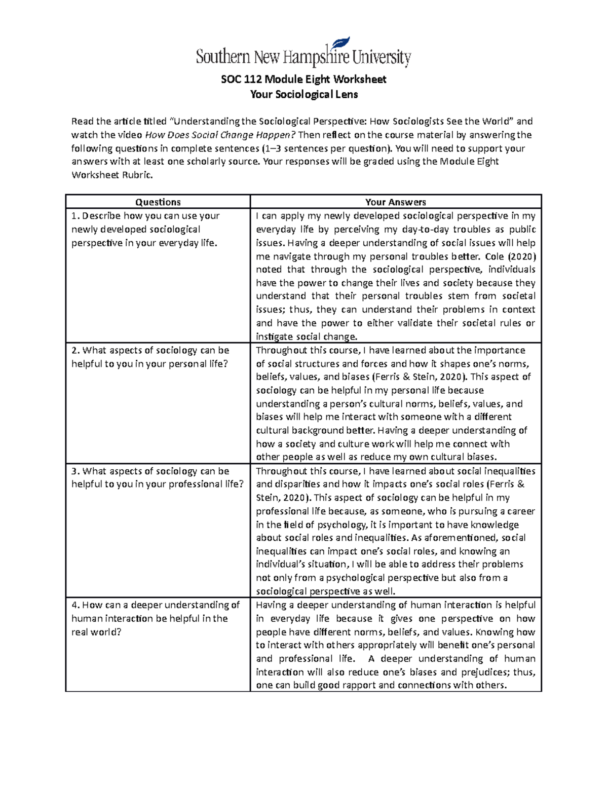 SOC 112 Module 8 Worksheet: Applying Sociological Perspectives - Studocu