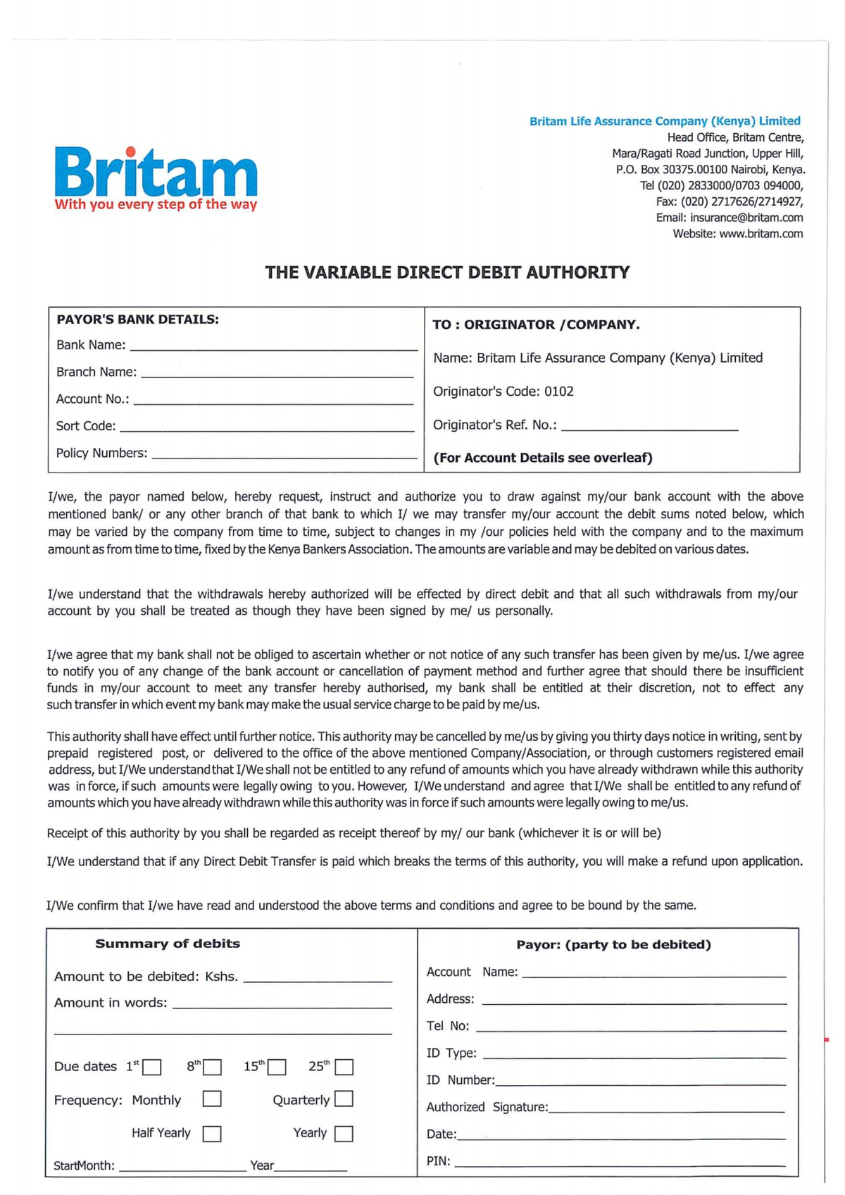 Direct debit DDA - Practical Materials - Britam Life Assurance Company ...