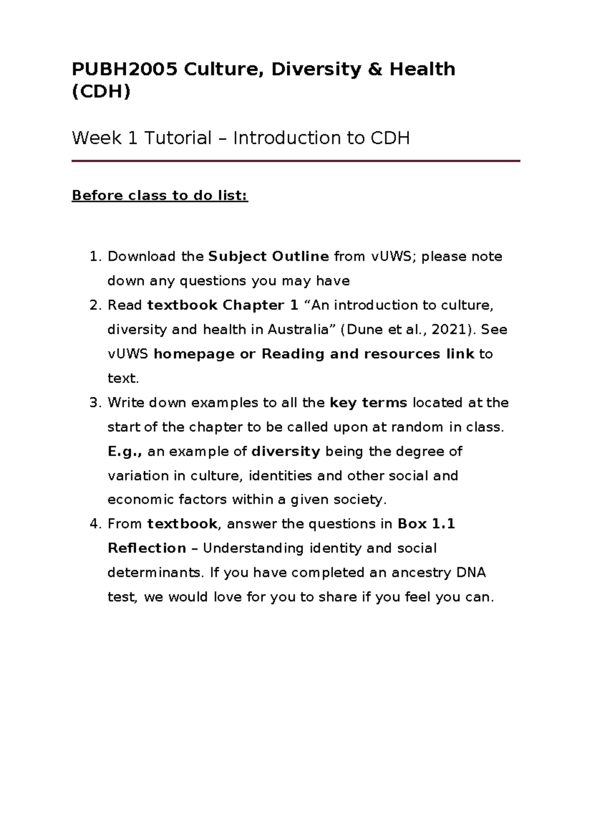 CDH Week 1 - Tutorial guide - PUBH2005 Culture, Diversity & Health (CDH ...