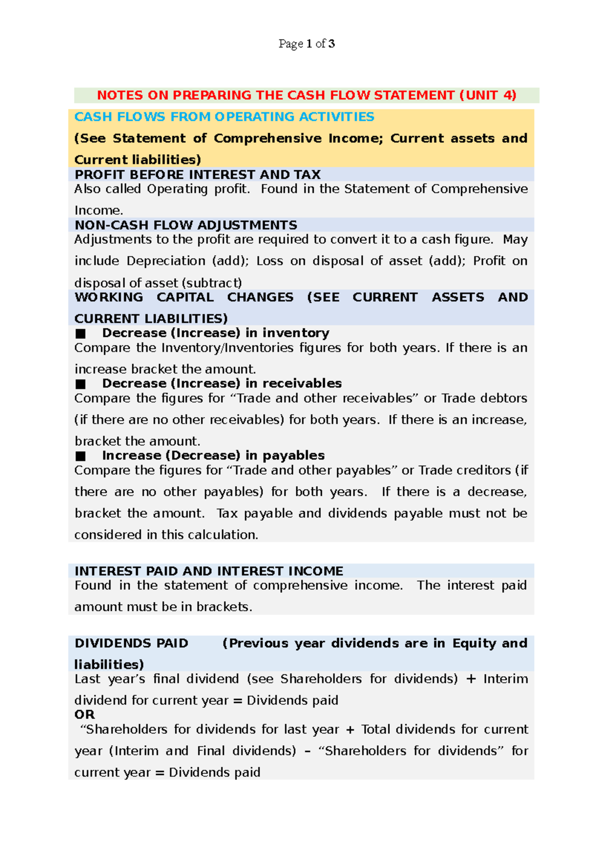 CASH FLOW Statement Notes for Accounting (Unit 4) Analysis - Studocu
