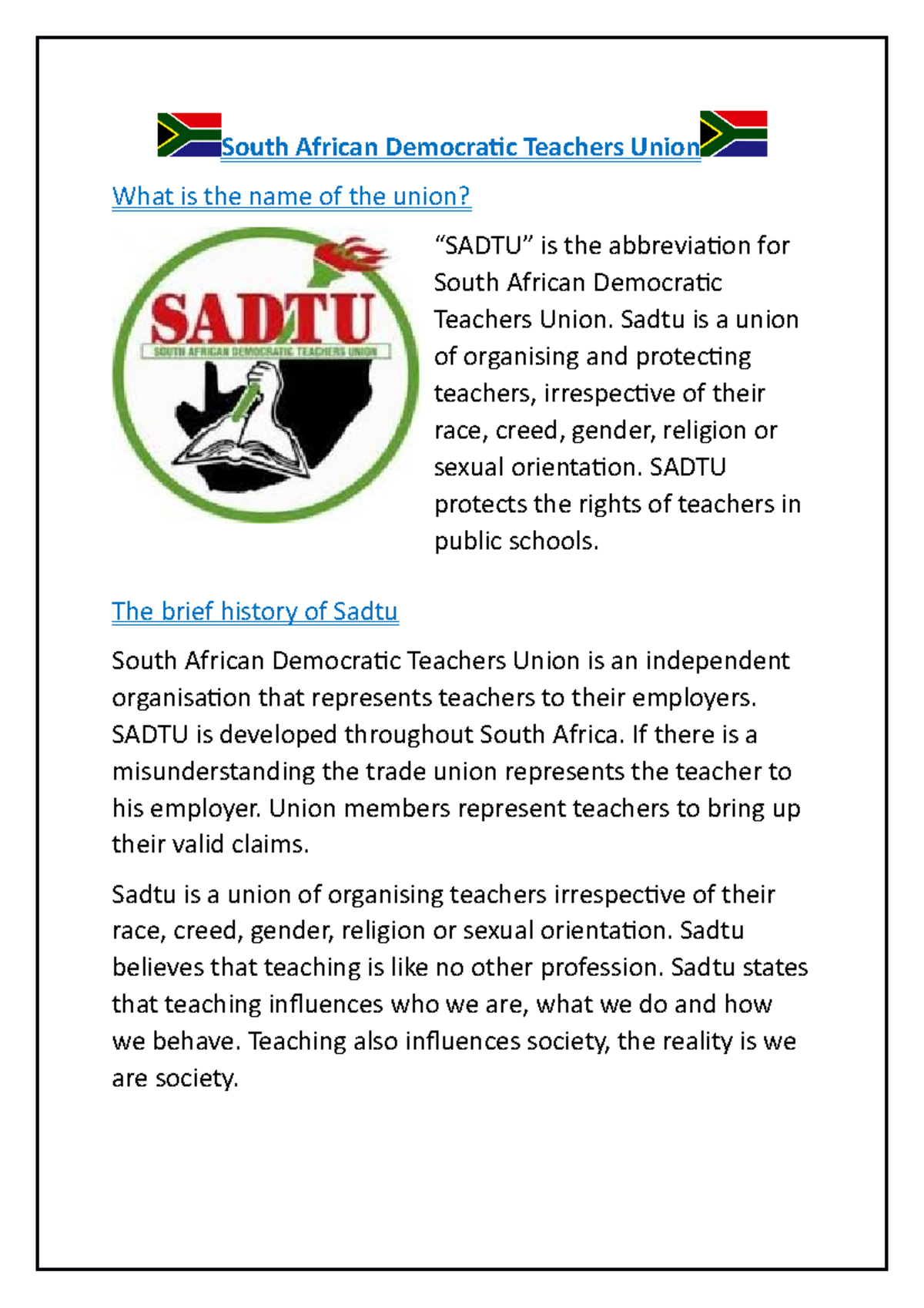 SADTU: The Overview and Benefits for South African Teachers - Studocu