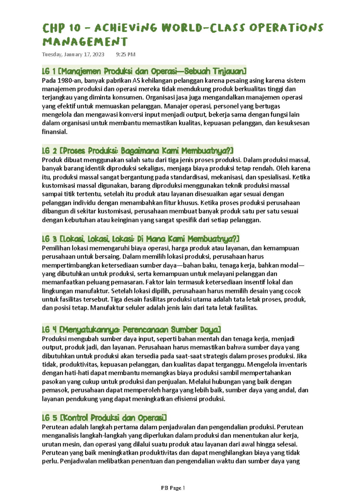 Revised Summary for CHP 10: Achieving World-Class Operations Management ...