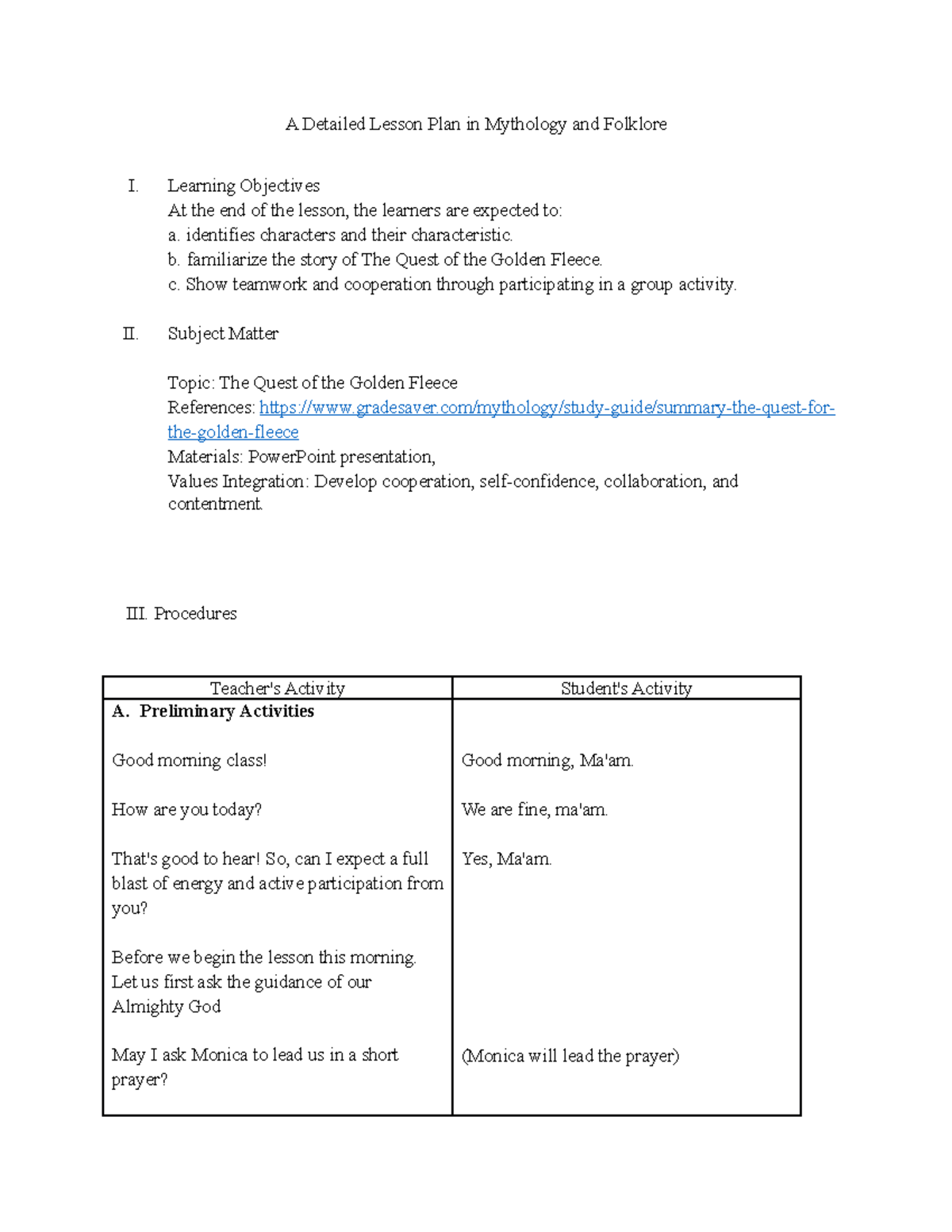 A Comprehensive Lesson Plan on Mythology & Folklore (MYTH101) - Studocu