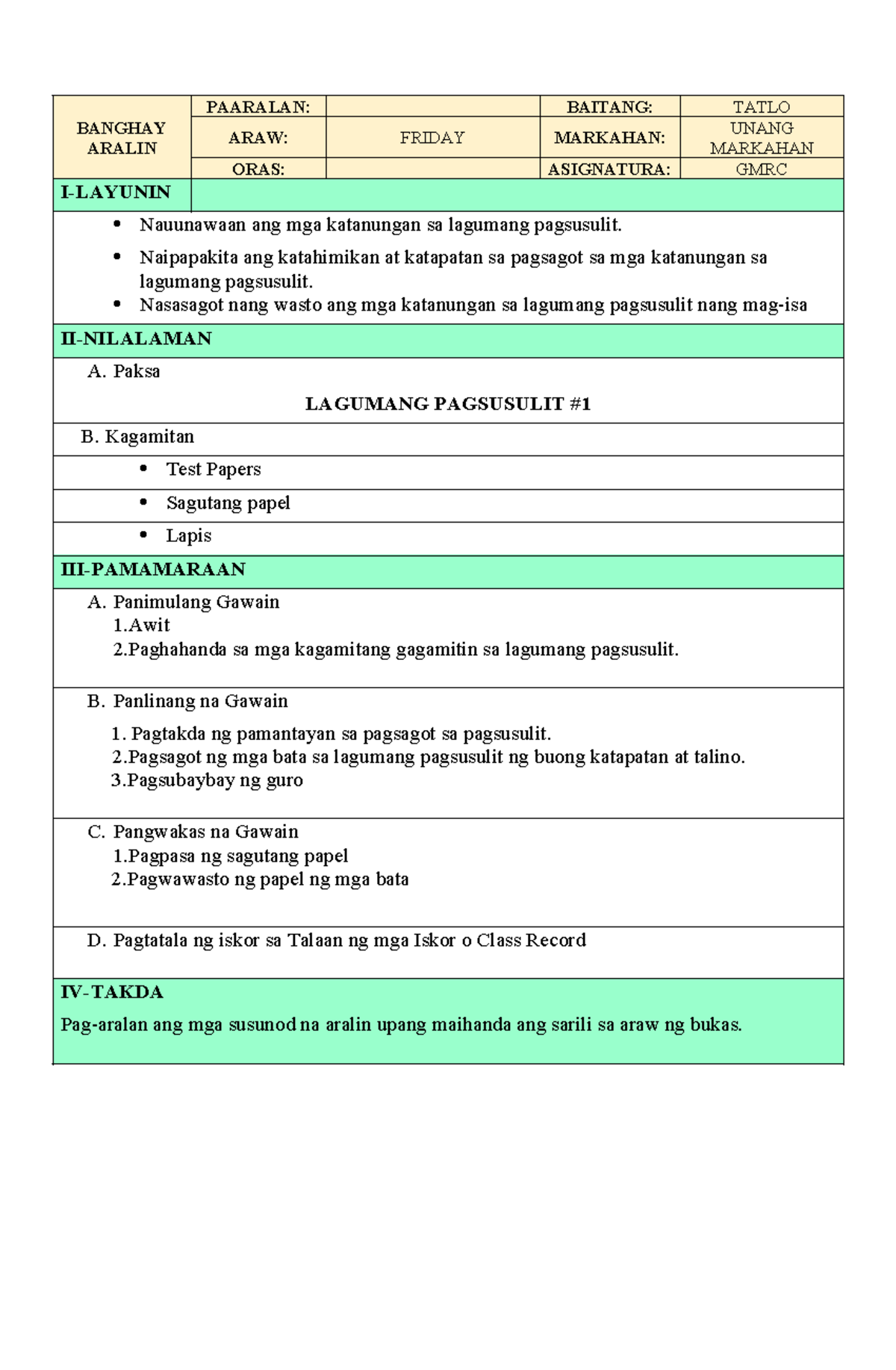 BANGHAY ARALIN: LAGUMANG PAGSUSULIT GMRC - UNANG MARKAHAN - Studocu