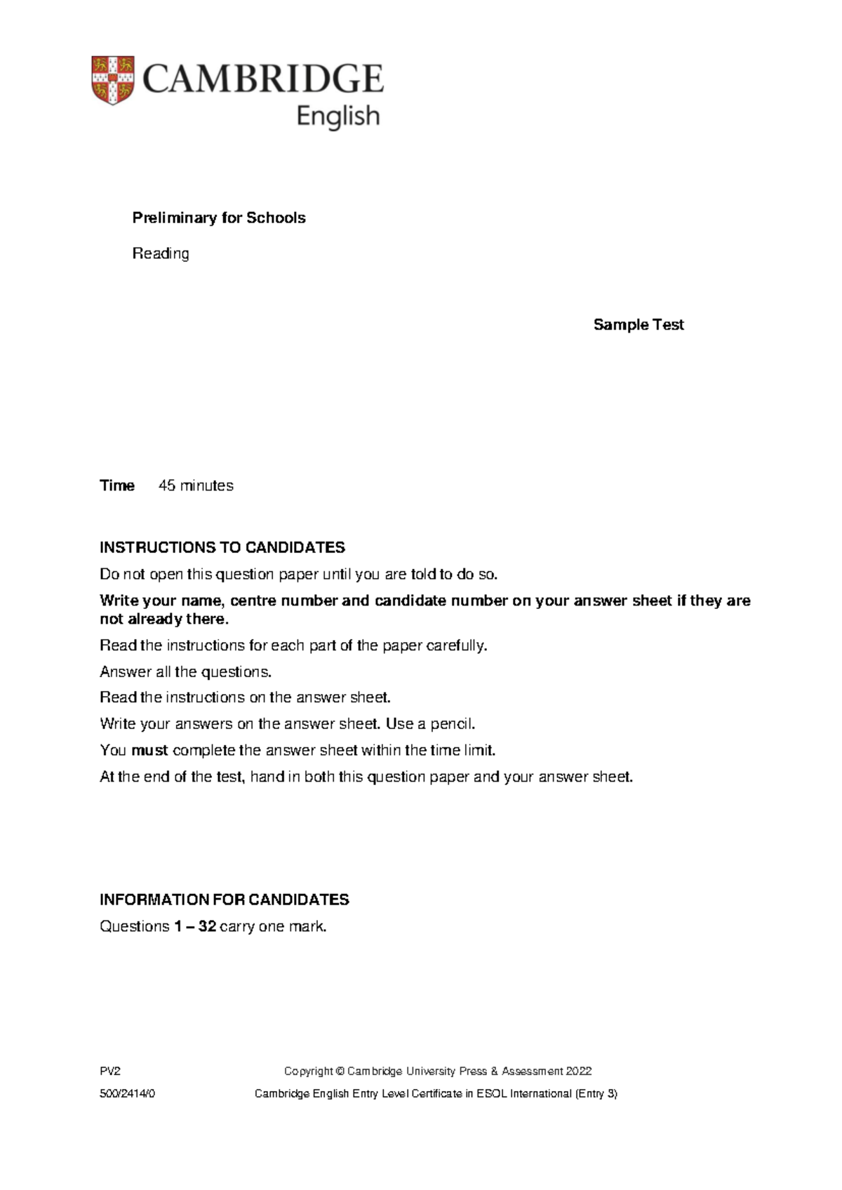 B1 Preliminary Reading Sample Test - 45 Min Exam - Studocu