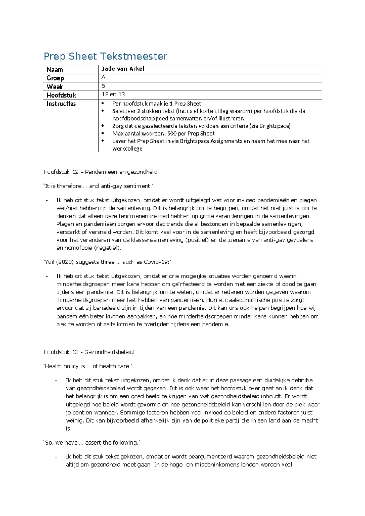 Prep Sheet Week 5: Hoofdstukken 12 en 13 - Tekstselecties en Uitleg ...