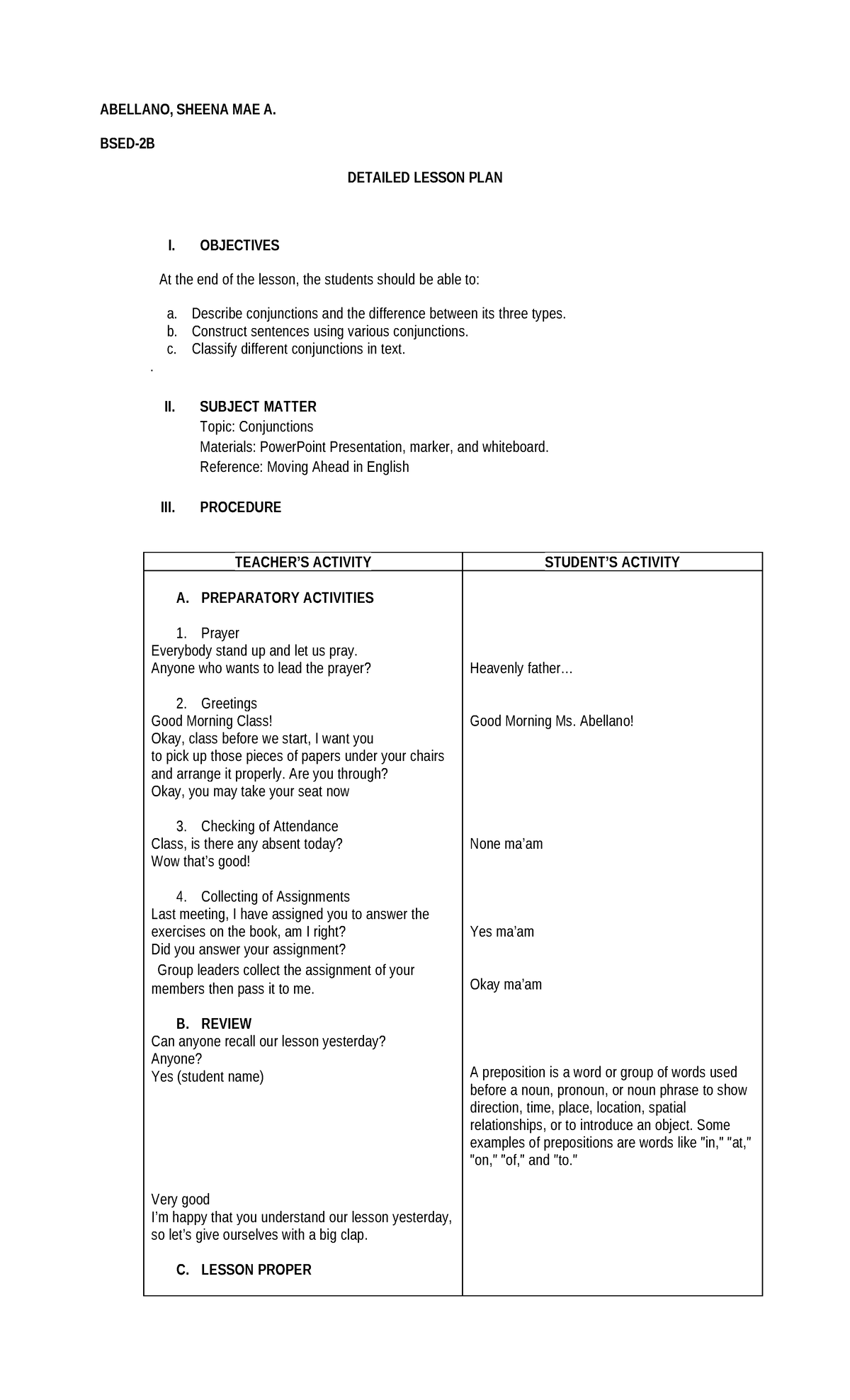 Detailed Lesson Plan conjunction sheena - ABELLANO, SHEENA MAE A. BSED ...