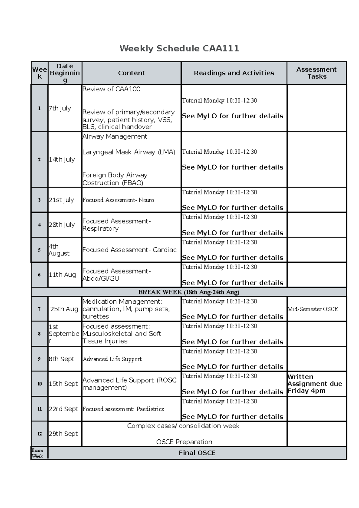 Weekly Schedule for CAA111: Tutorials and Assessments Overview - Studocu