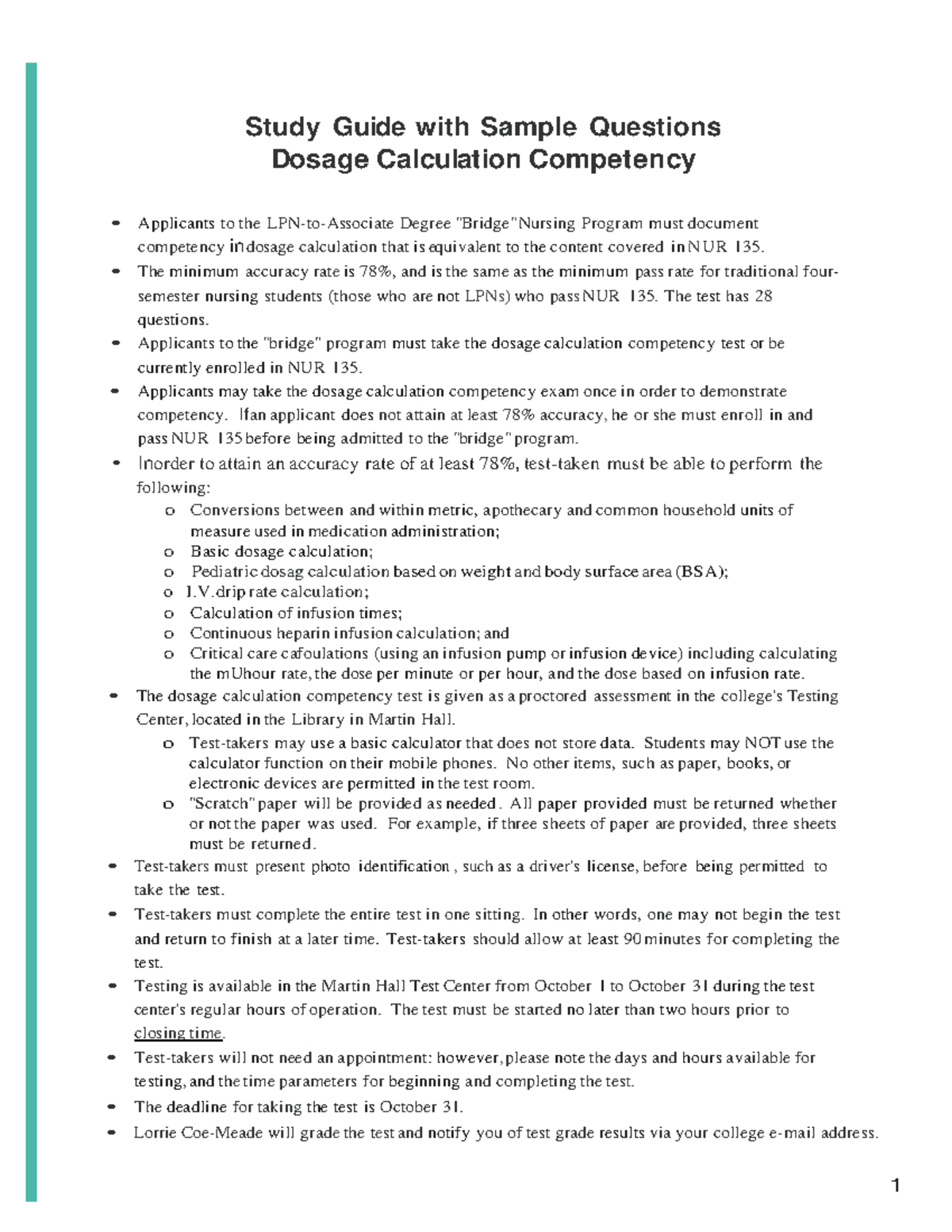 Dosage Calculation Competency Guide for NUR 135 Students - Studocu