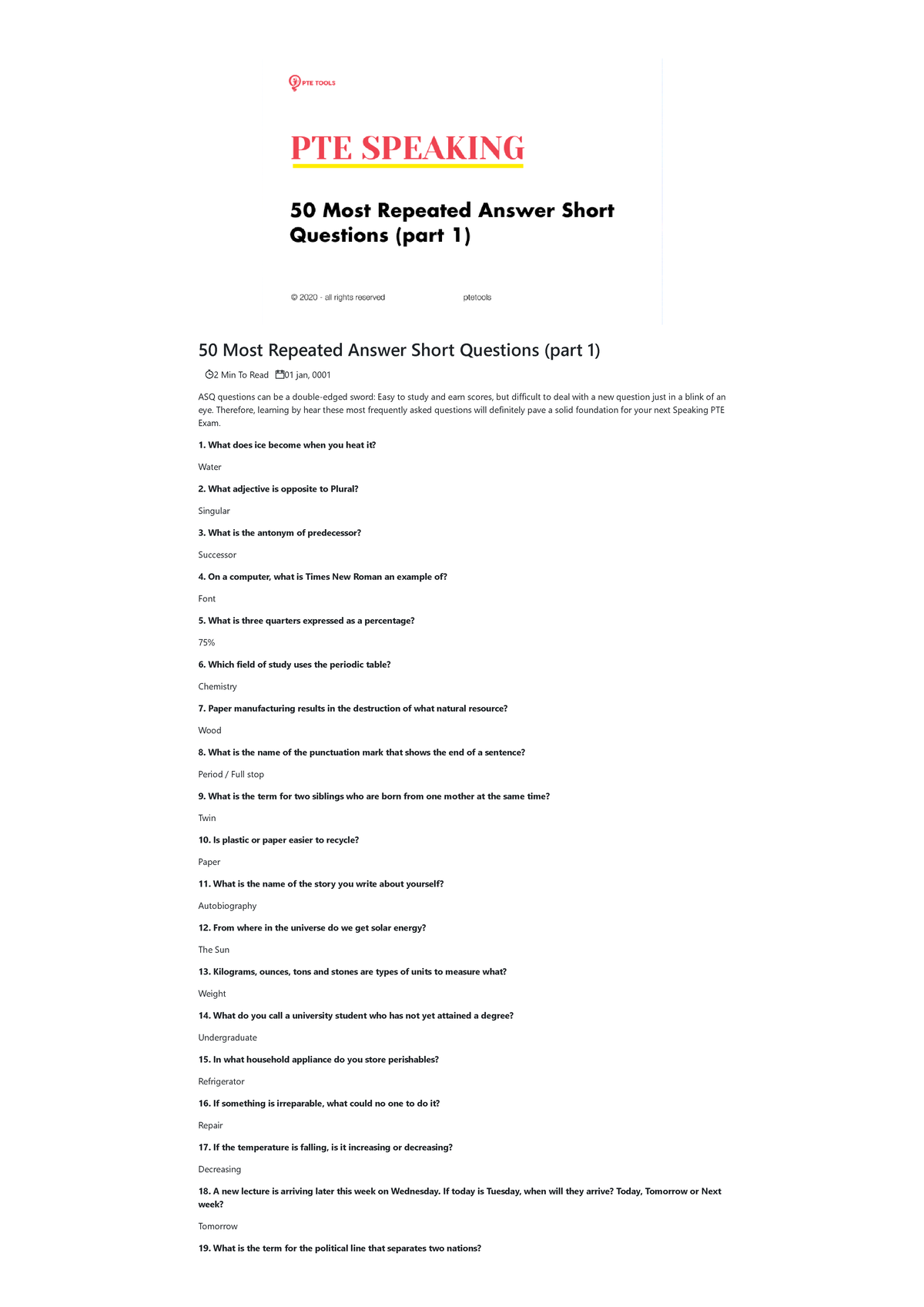 PTE Exam Prep: 50 Most Repeated Short Questions (Part 1) - Studocu